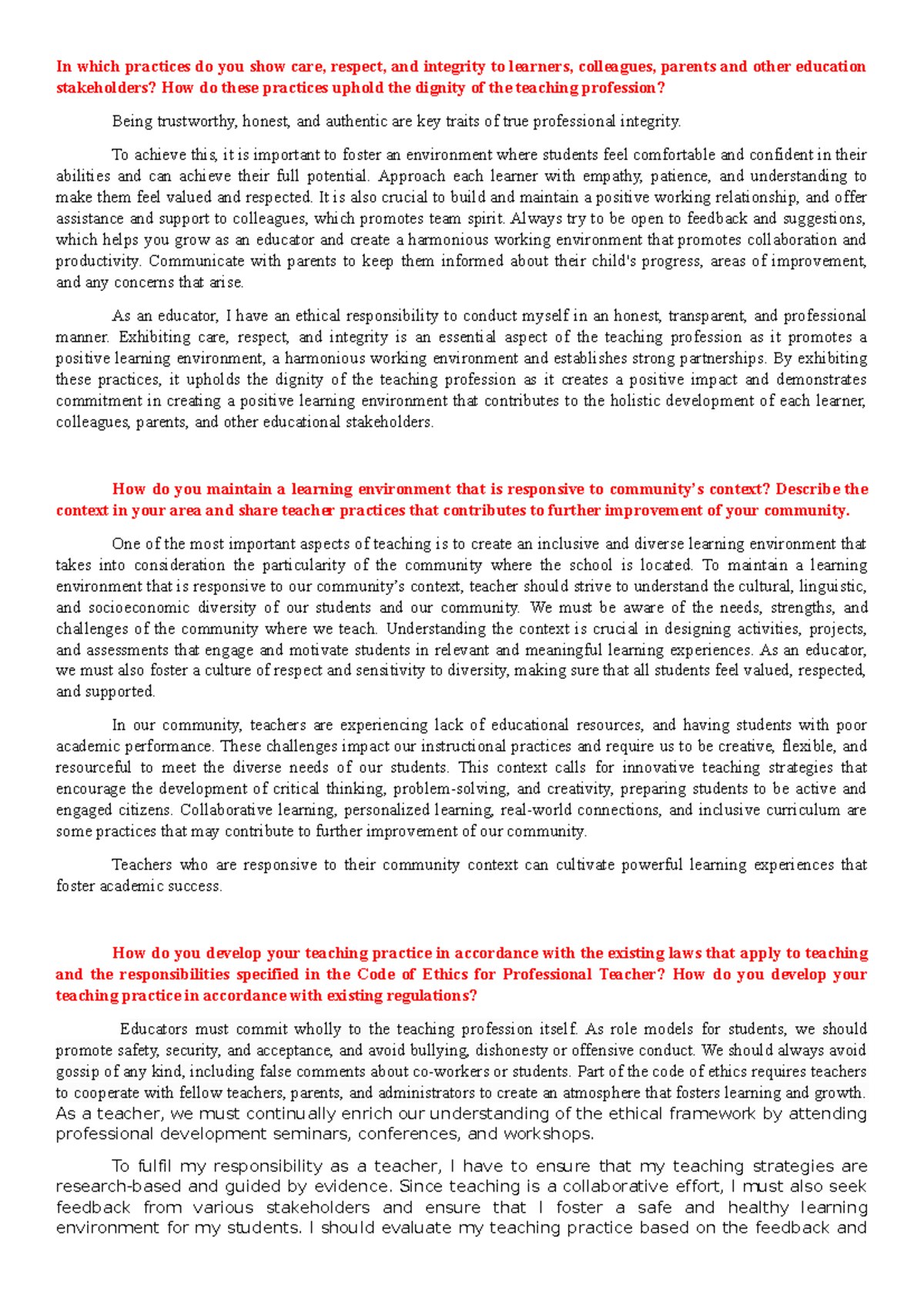 TRF-1 - Reflective Practices for Teacher Applicants: Integrity ...