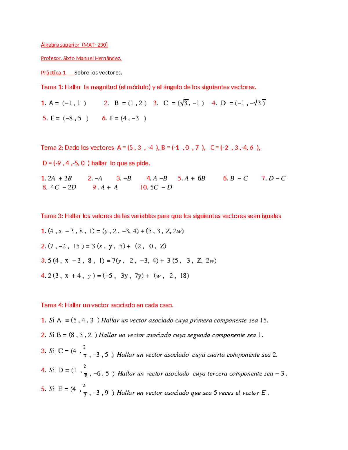 Práctica 1: Vectores en Álgebra Superior MAT-230 - Studocu