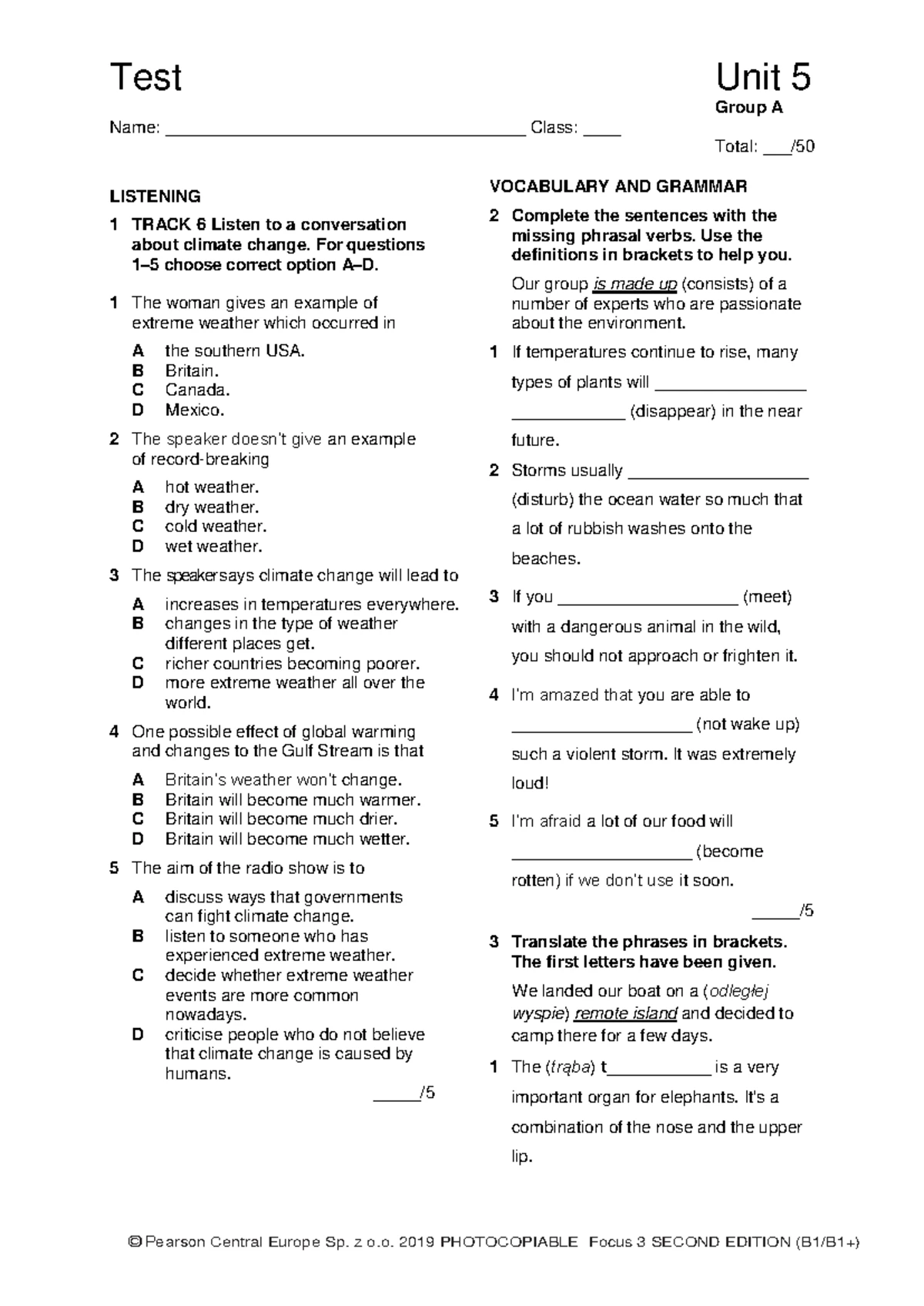 Focus 3 2E Unit 5 Test Answer Key for Listening, Vocab & Writing - Studocu