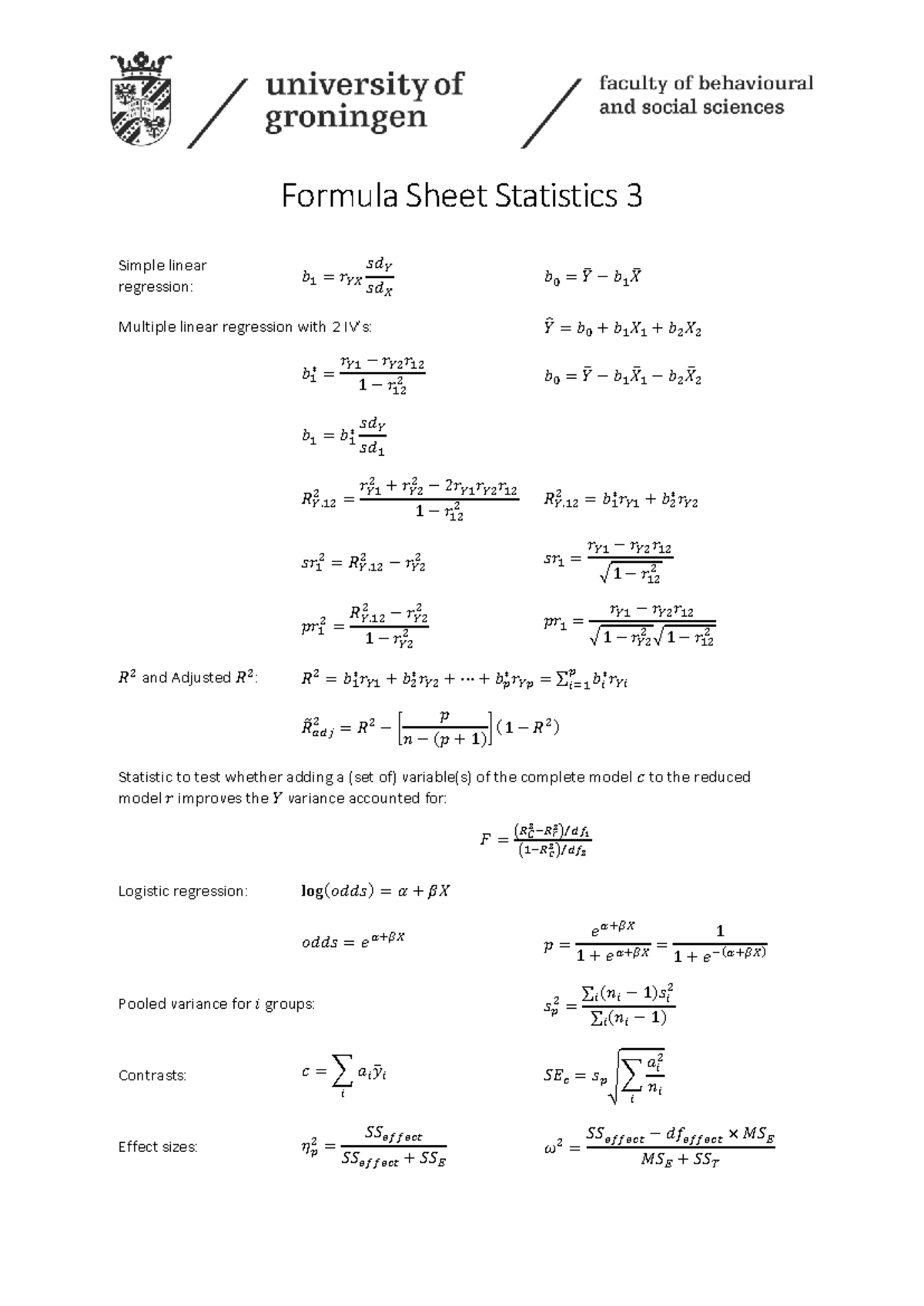 Formulas for Statistics 3: Simple & Multiple Regression - Studeersnel