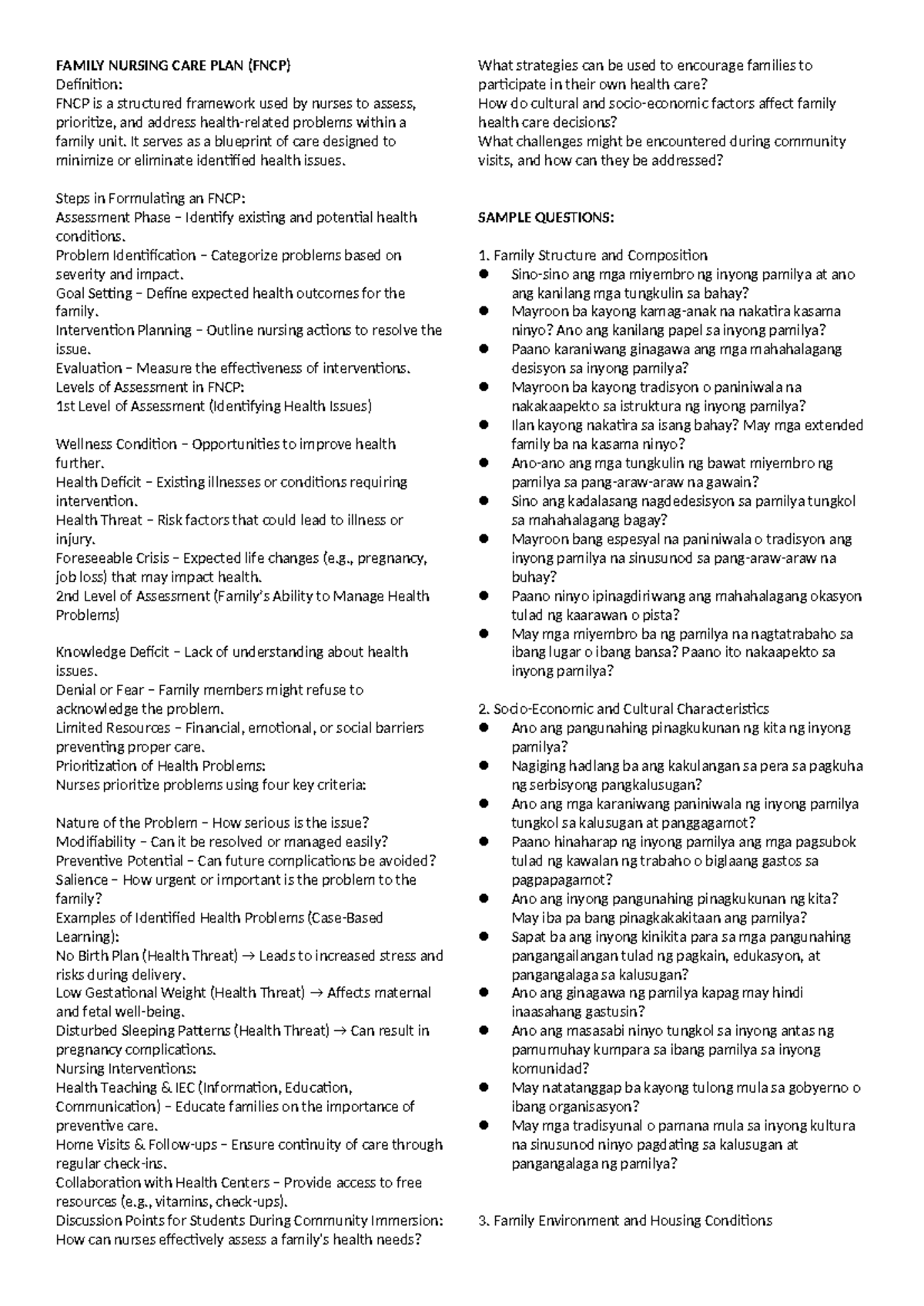 Family Nursing Care Plan (FNCP): A Comprehensive Guide - Studocu