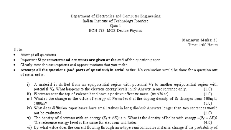 ECN-572 Quiz 1 - question paper - 1 Department of Electronics and Computer Engineering Indian ...