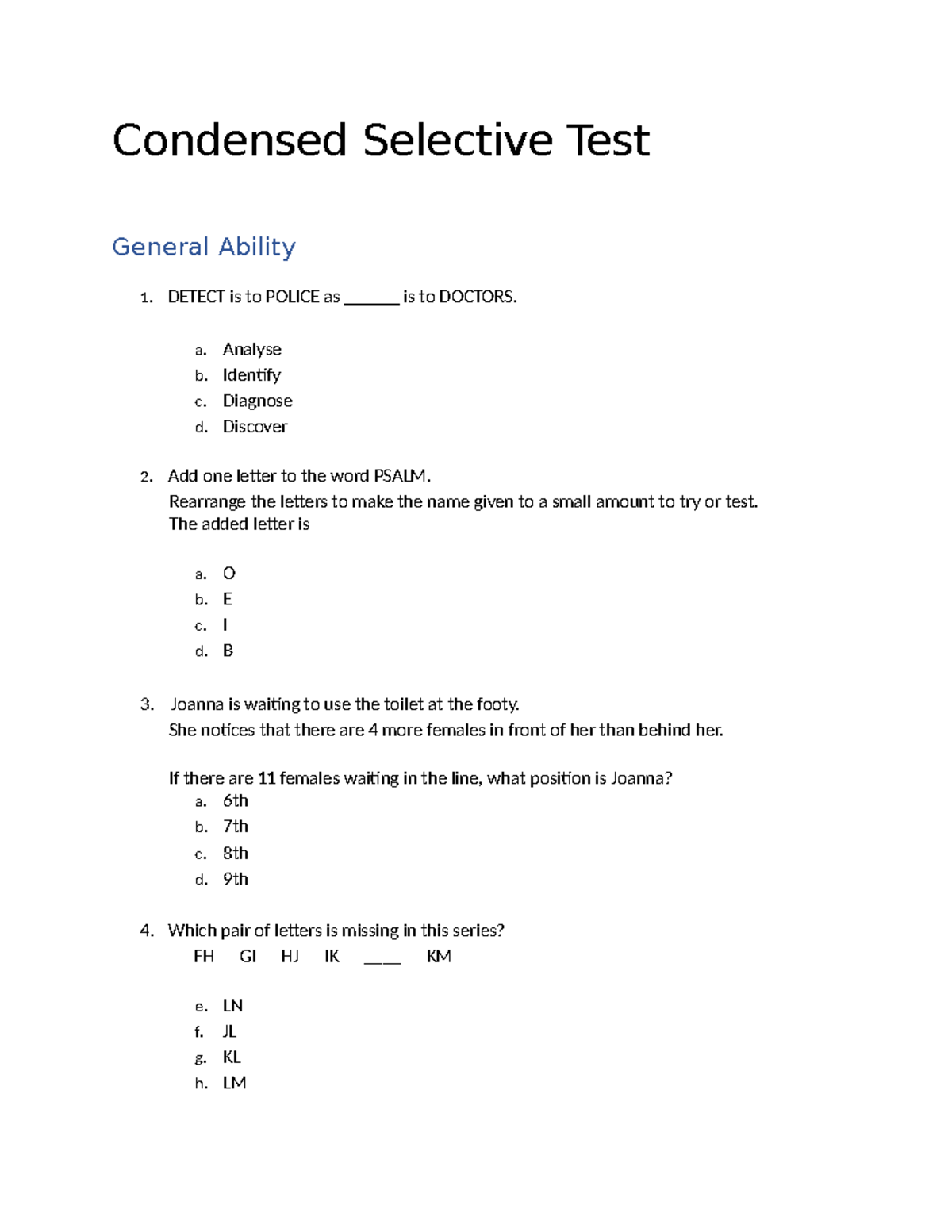 Condensed Selective Test - Condensed Selective Test General Ability 1 ...