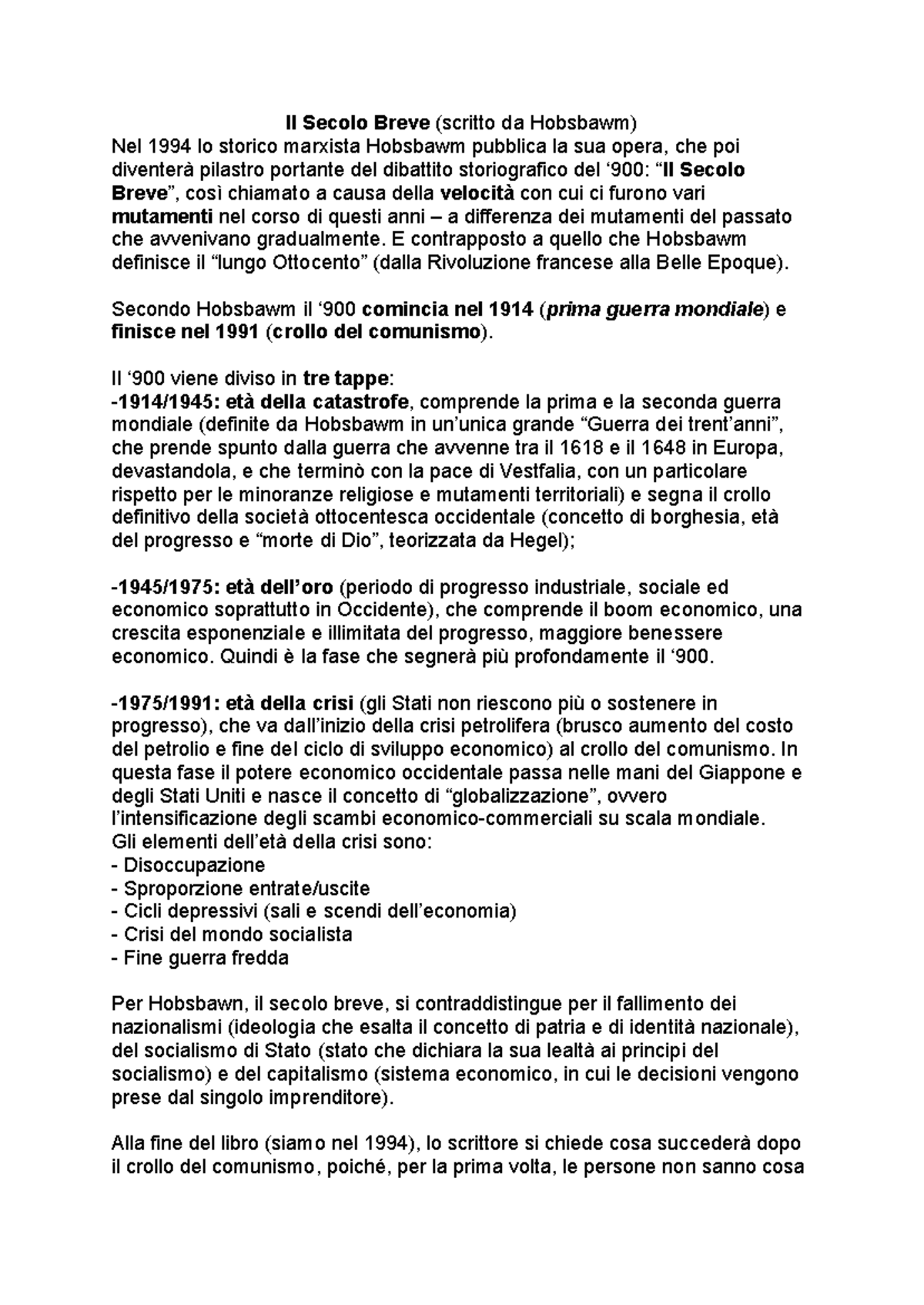Il Secolo Breve: Analisi dell'Opera di Hobsbawm - Studocu