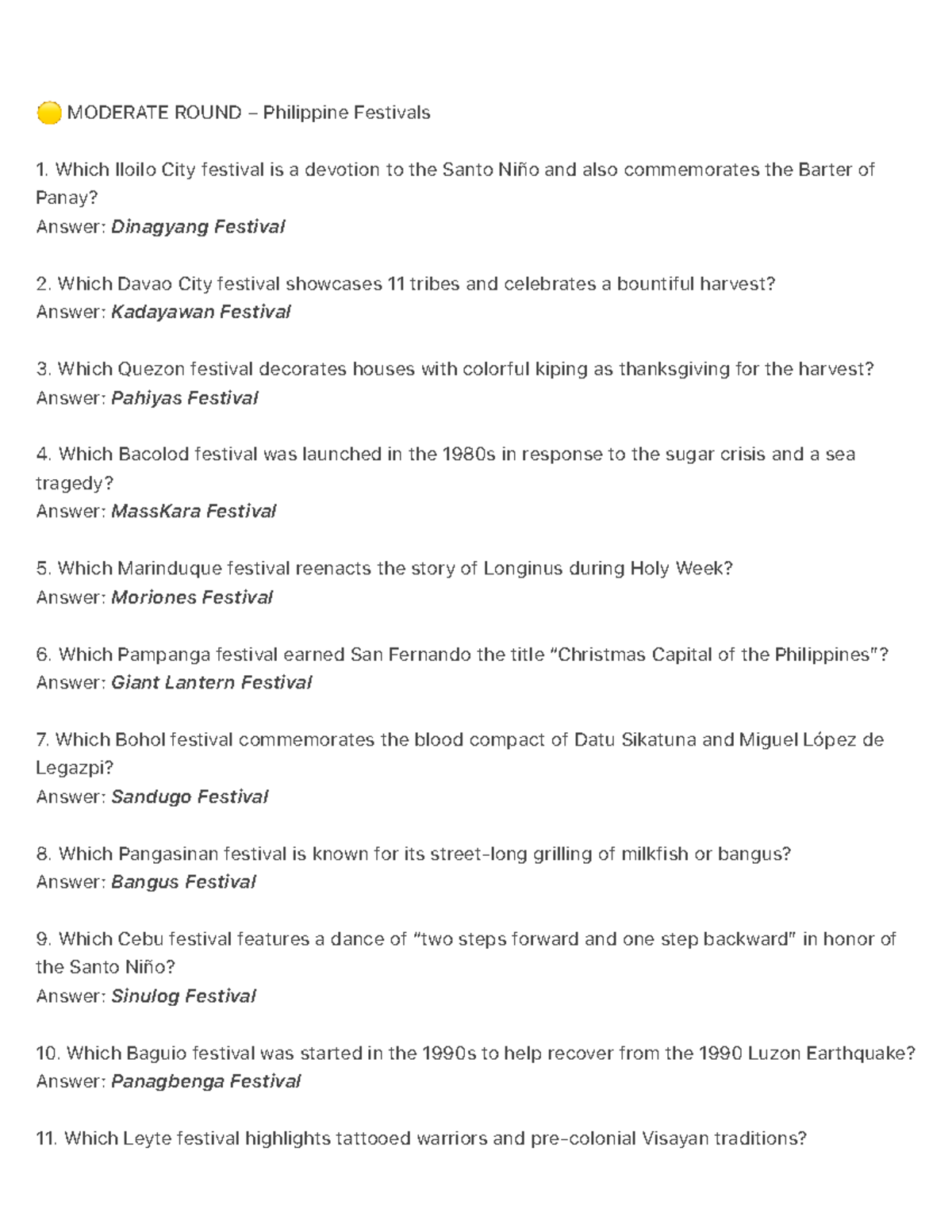 Moderate Round Quiz: Philippine Festivals Overview - Studocu