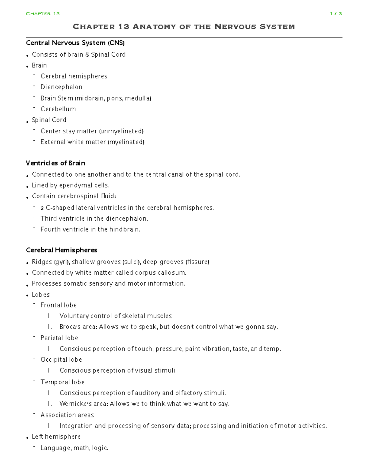 Chapter 13 Anatomy of the Nervous System - Chapter 13 / 1 3 Chapter 13 ...
