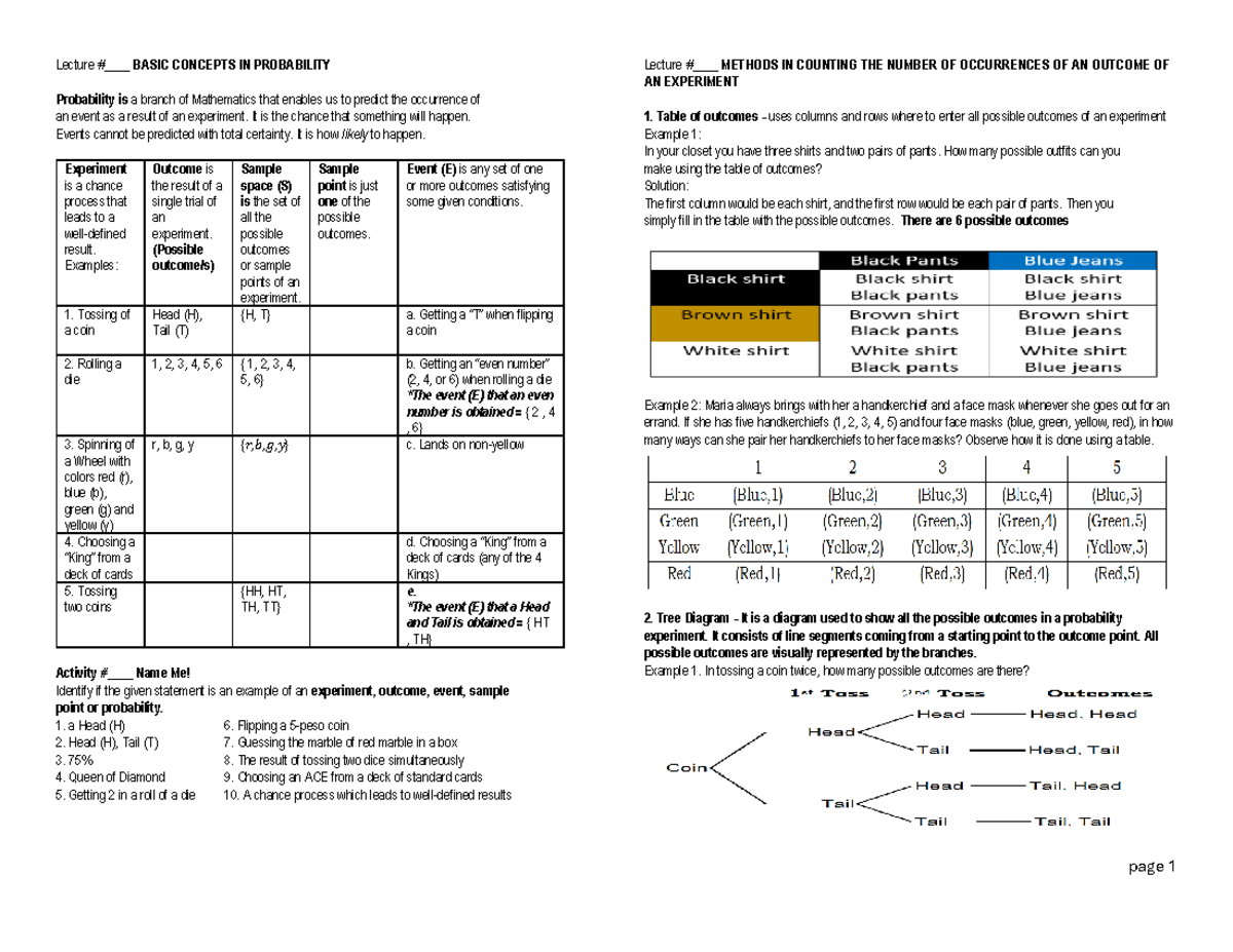 Lecture-Probability - florante at laura - Lecture #____ BASIC CONCEPTS IN PROBABILITY ...