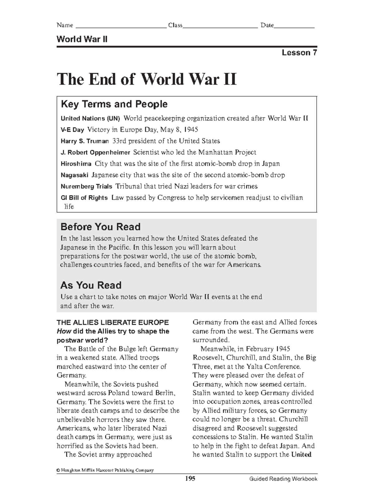Module 11 lesson 7 - Mod 11 - World War II Lesson 7 The End of World War II Key Terms and People ...