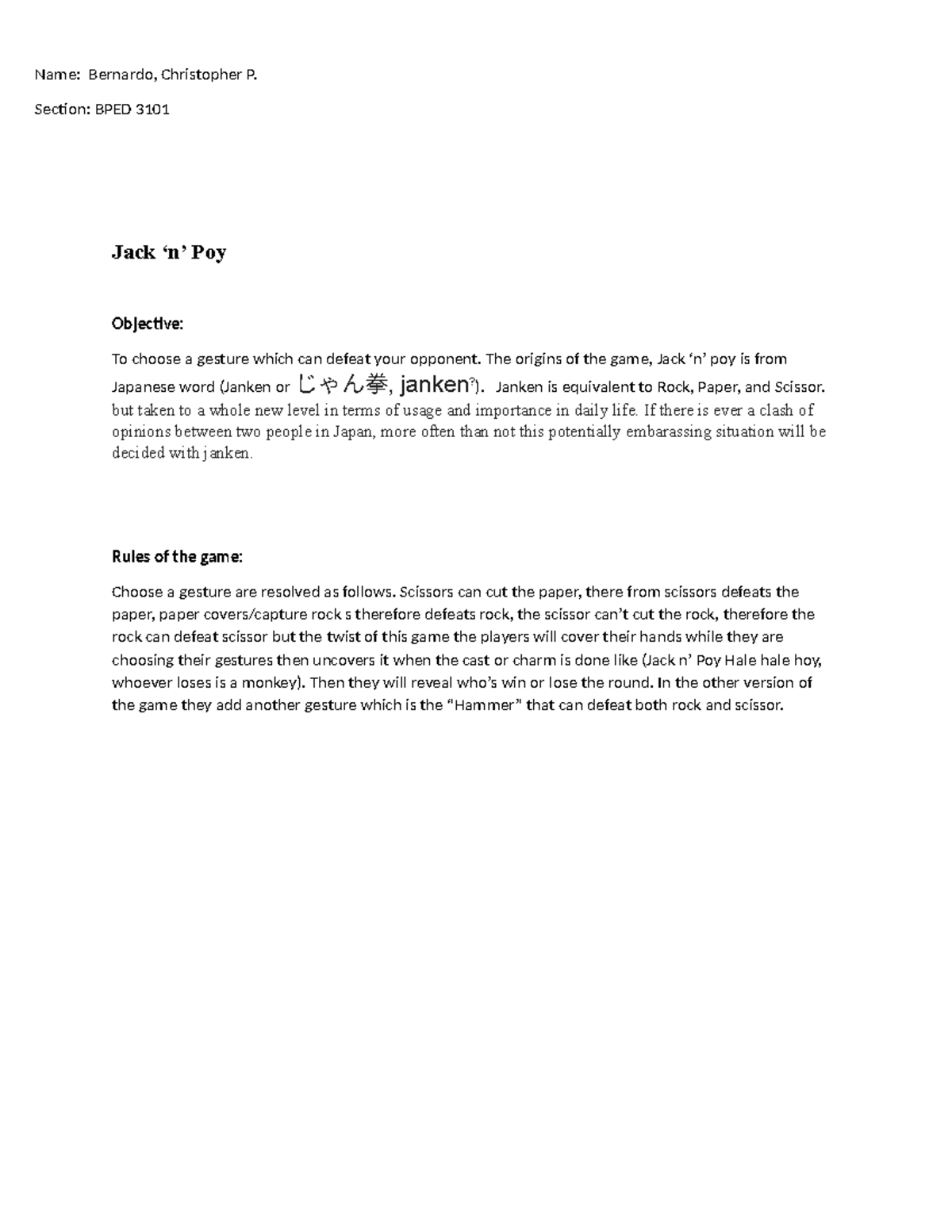 BPED 3101 - Understanding the Game of Jack 'n' Poy: Rules and Origin ...