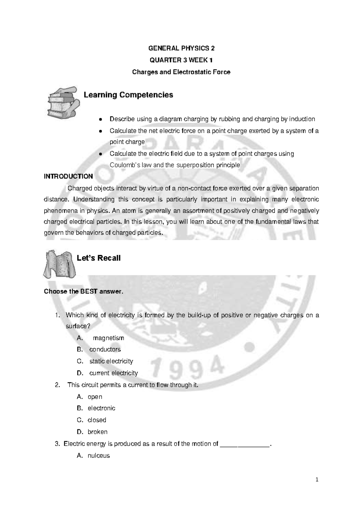 Genphys 2 Q3W1 Module- GENERAL PHYSICS 2 QUARTER 3 WEEK 1 Charges and ...