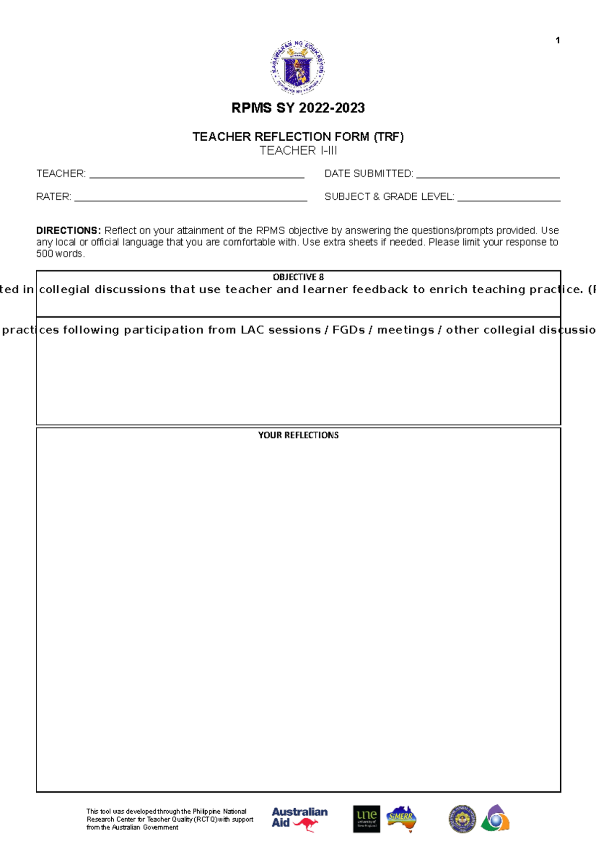 SY 2022-2023 TRF - Teacher Reflection Form for RPMS Objectives - Studocu