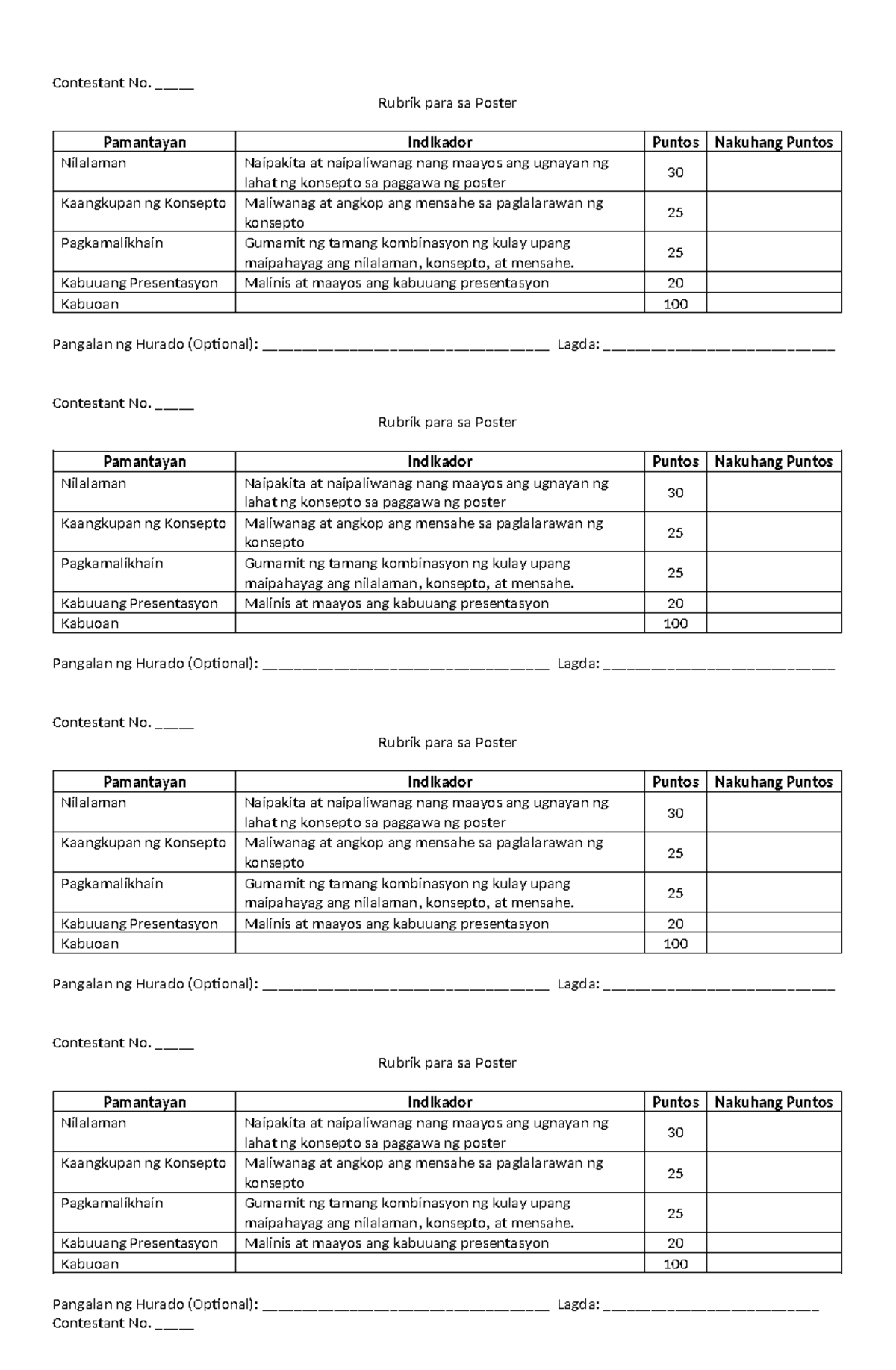 Rubrik para sa Poster - Contestant No. _____ Rubrik para sa Poster ...