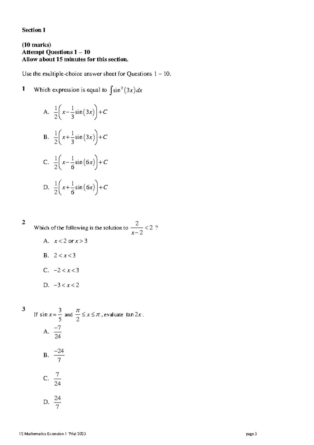 I3U Mathematics Extension 1 Trial 2023: Section I Solutions - Studocu