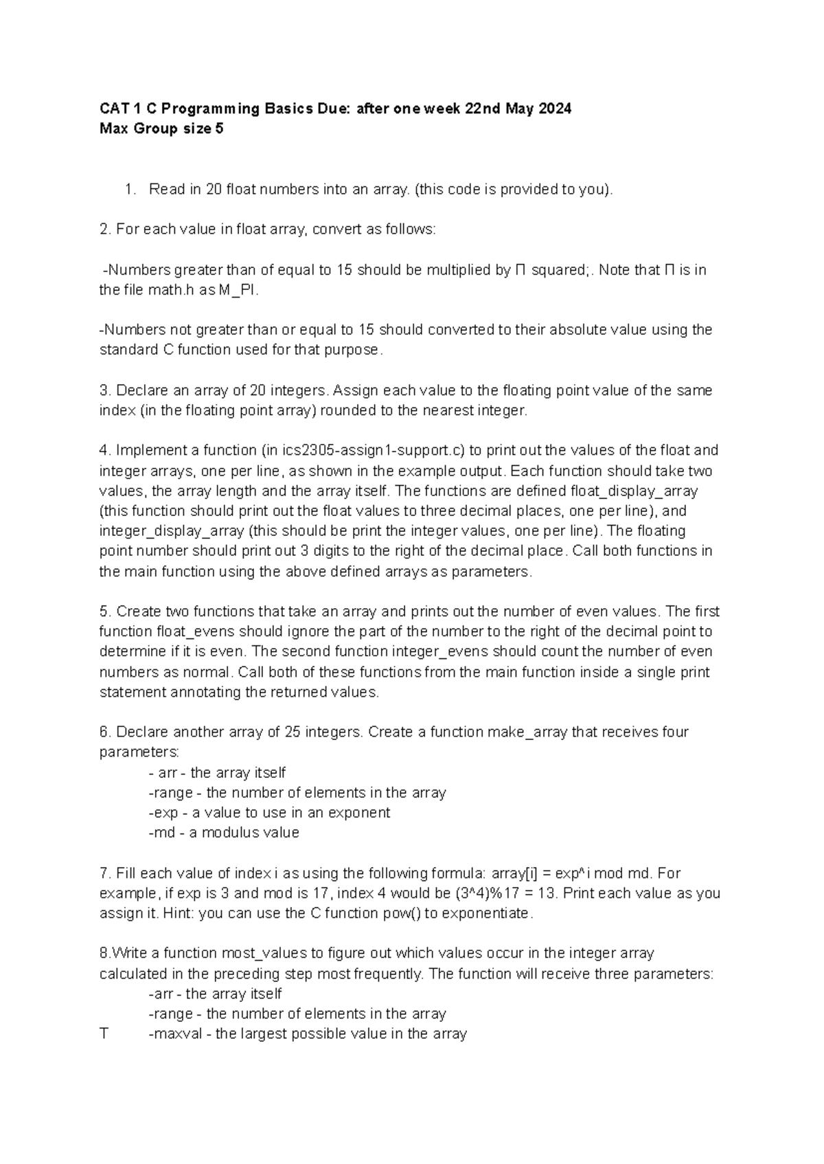 CAT 1 C Programming Basics: Array Manipulation & Functions - Studocu