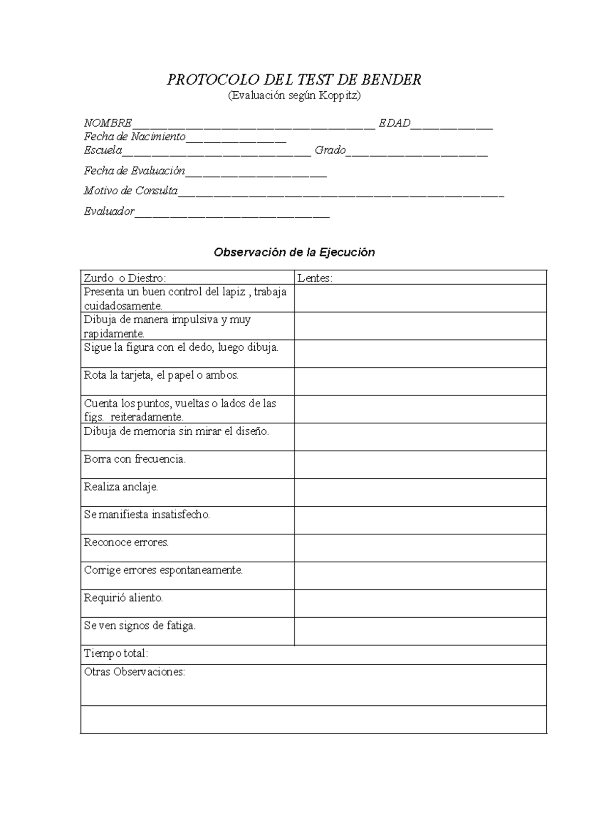 PROTOCOLO DEL TEST DE BENDER (Koppitz) - Evaluación y Observaciones ...