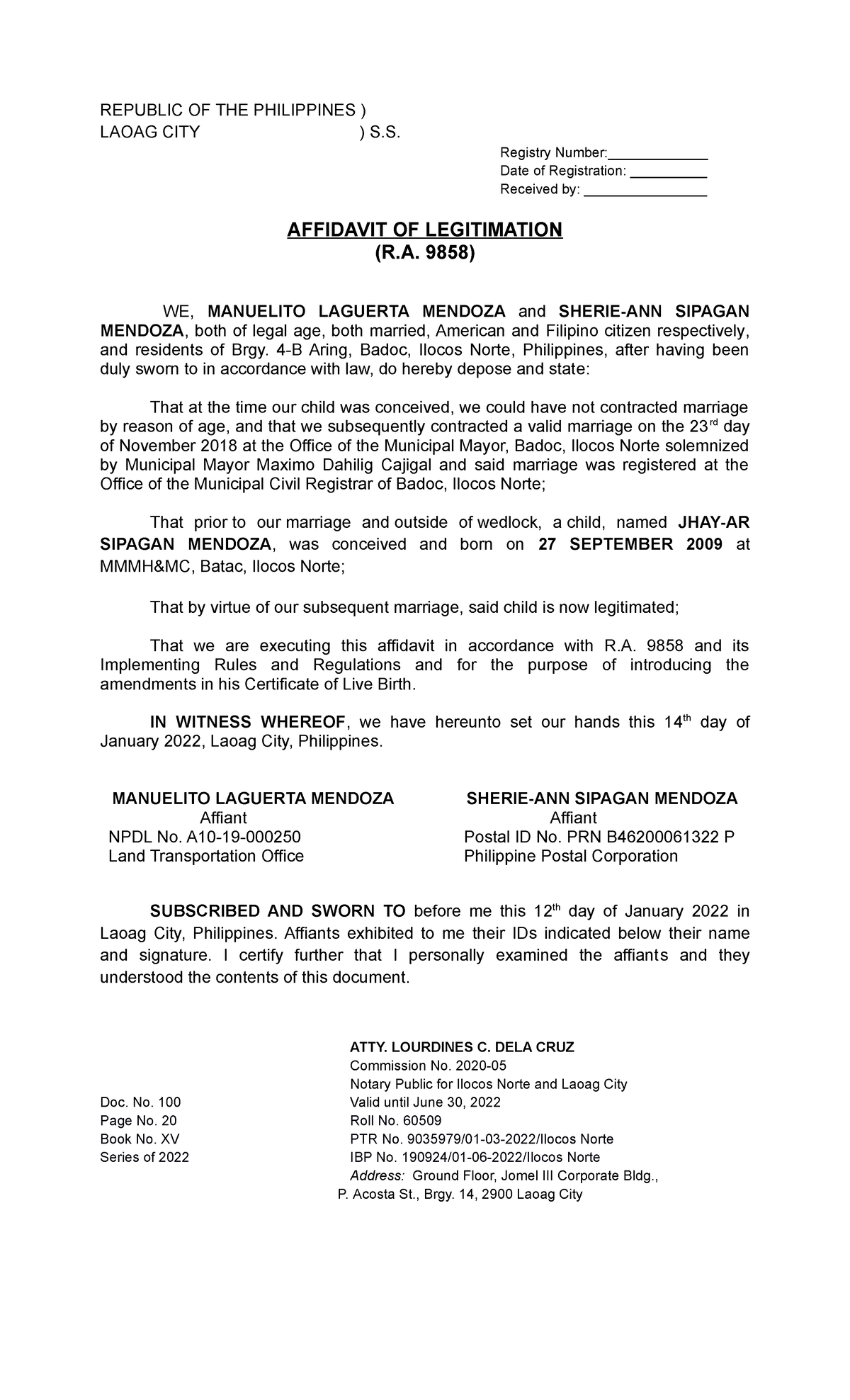 Affidavit of Legitimation Sample (R.A. 9858) - Philippines Document ...