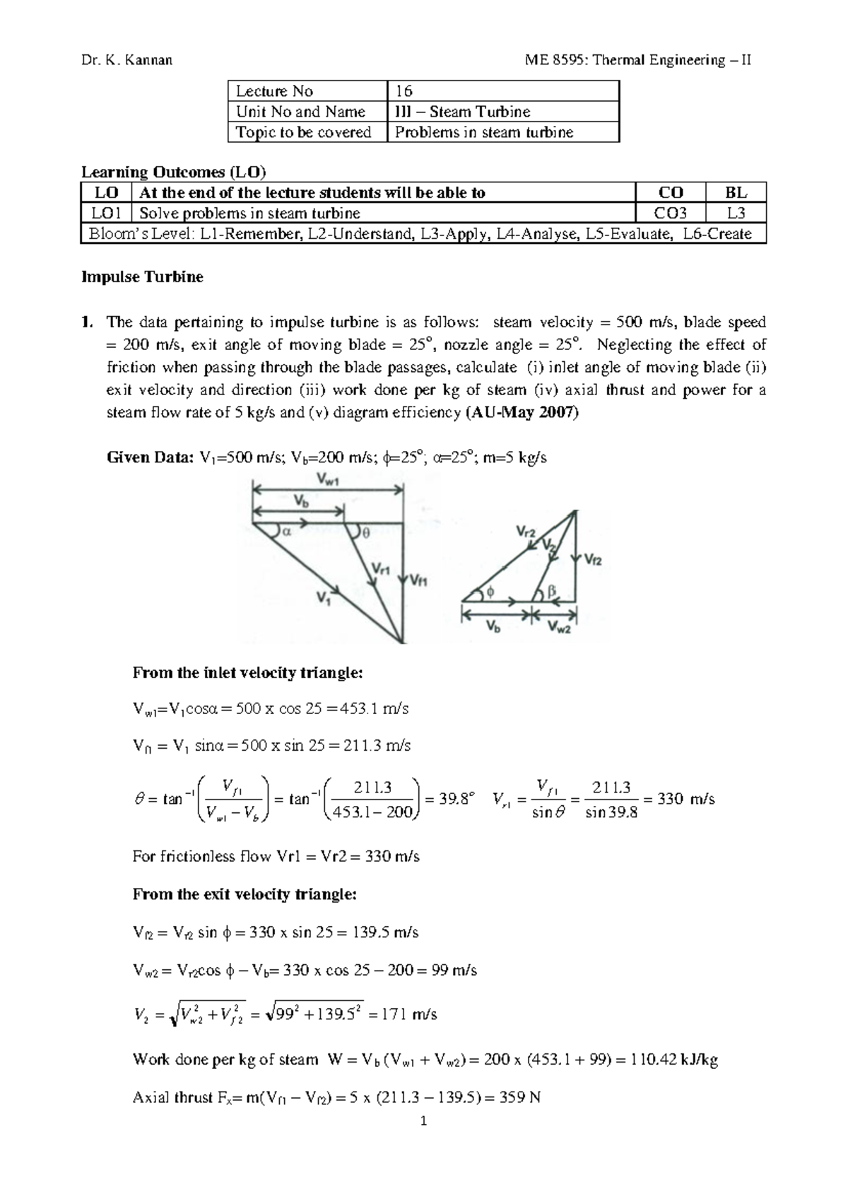 Lecture 16: Problems in Steam Turbine for ME 301 - Thermodynamics - Studocu