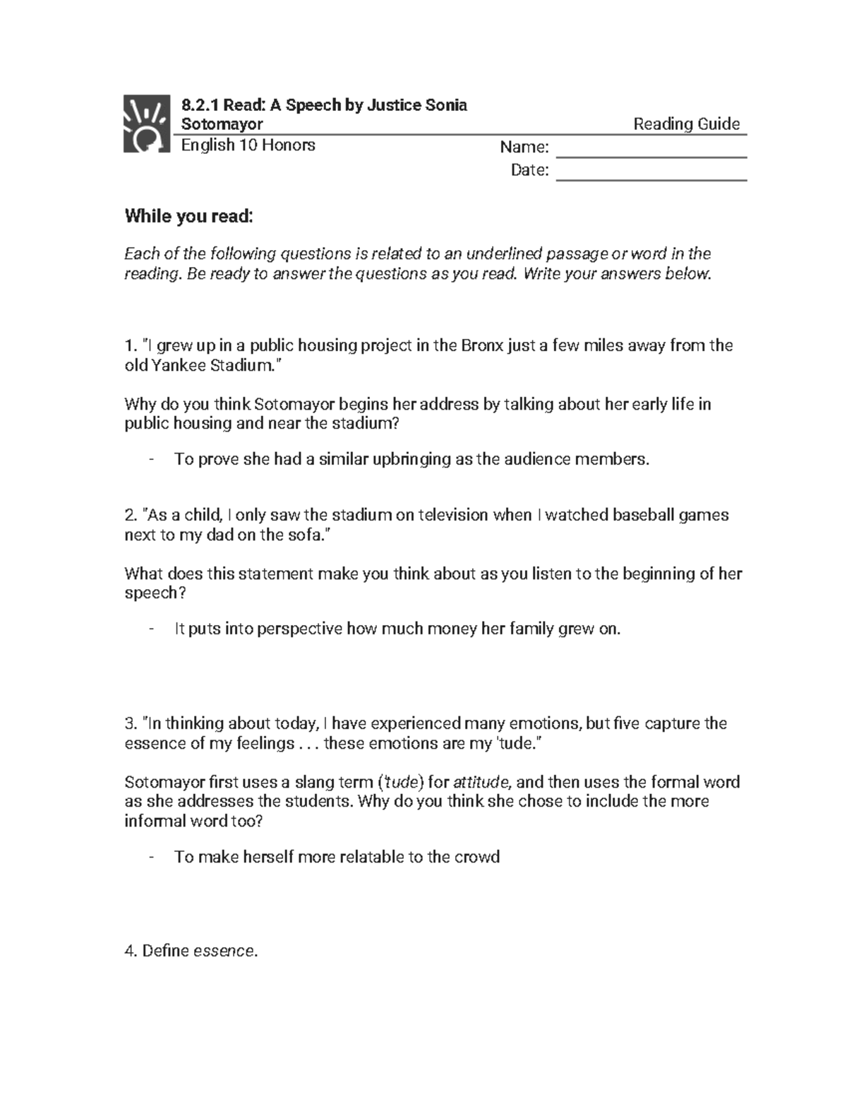 8.2.1 Reading Guide: A Speech by Justice Sonia Sotomayor (Eng 10 Honors ...