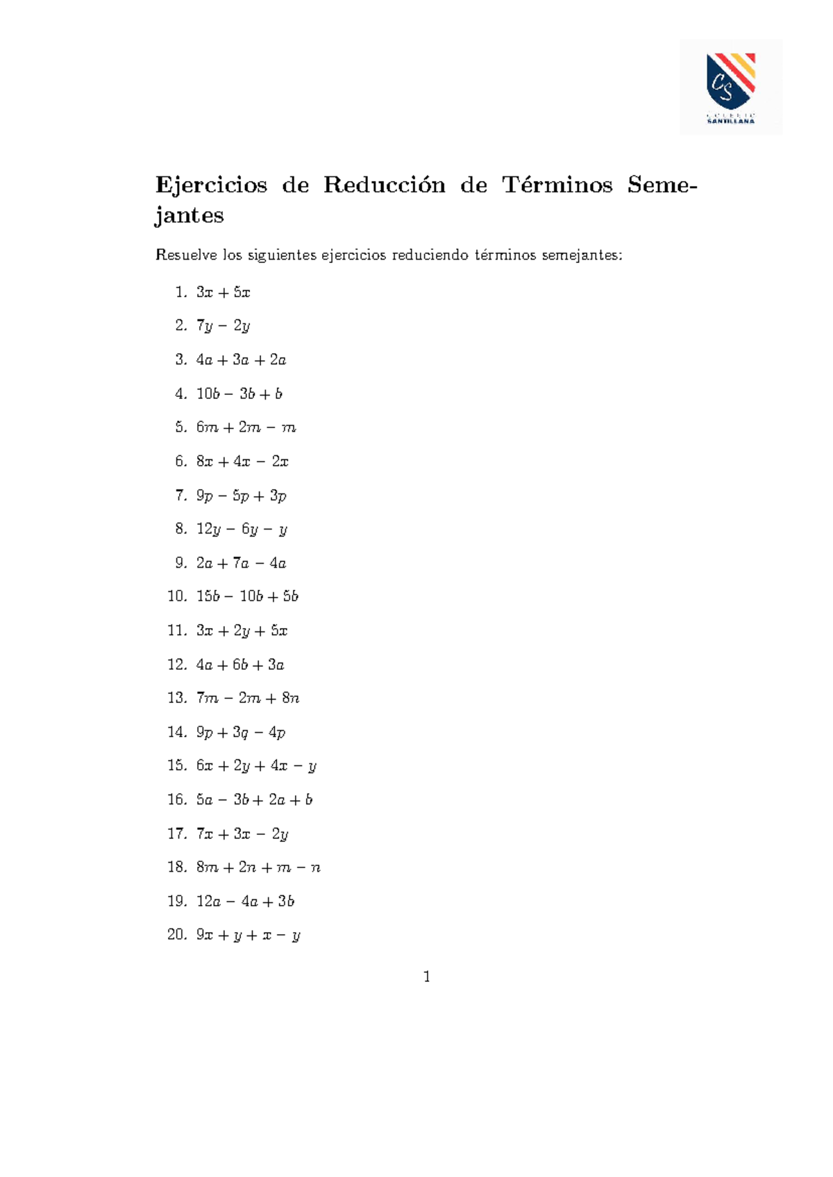 Tarea de Álgebra: Ejercicios de Reducción de Términos Semejantes - Studocu