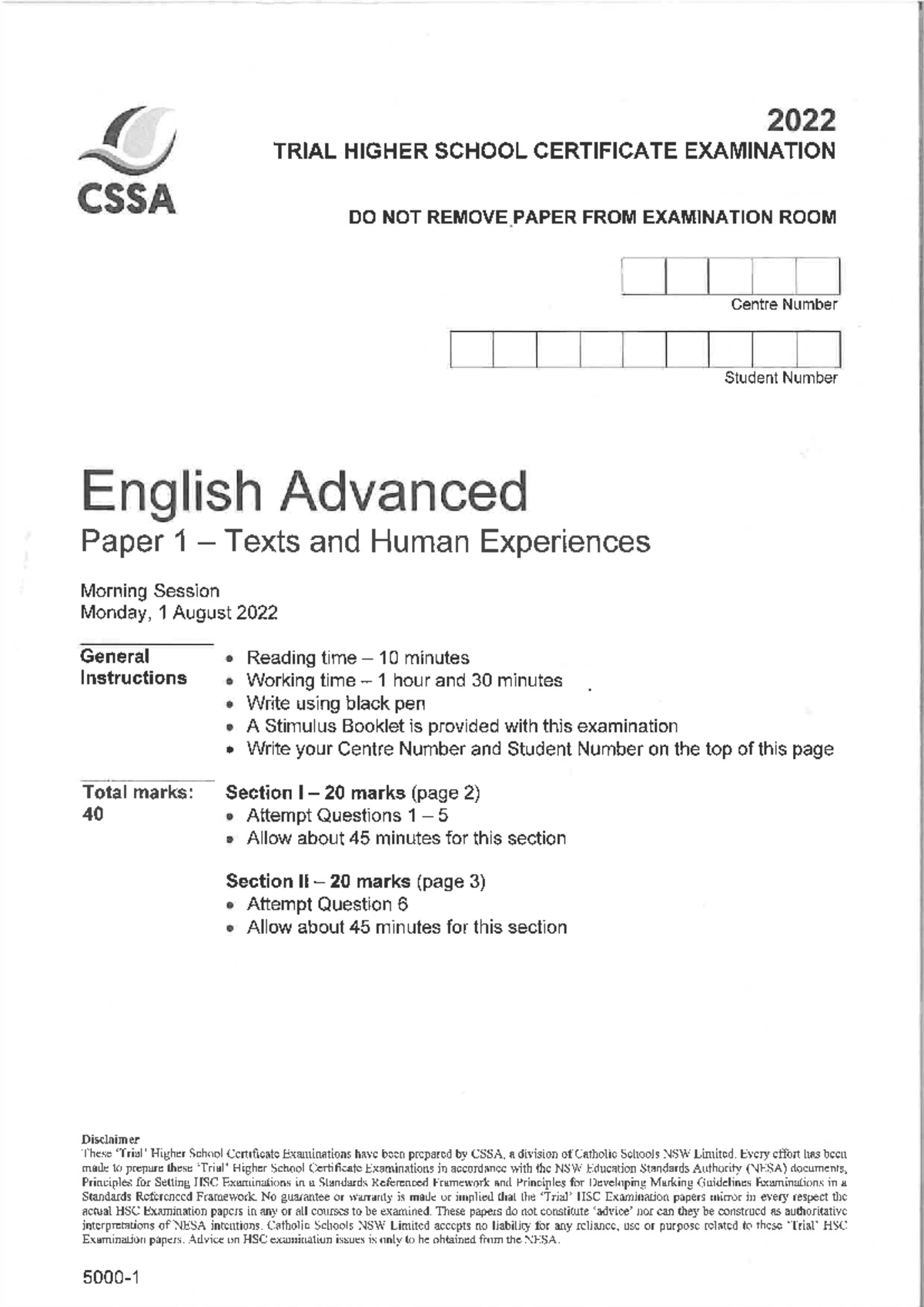 CSSA 2022 English Advanced Trial Exam Paper 1: Texts & Human Experiences - Studocu