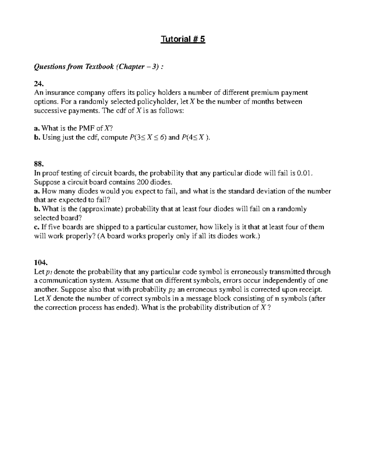 Tutorial 5: Probability & Statistics Questions from Chapter 3 - Studocu