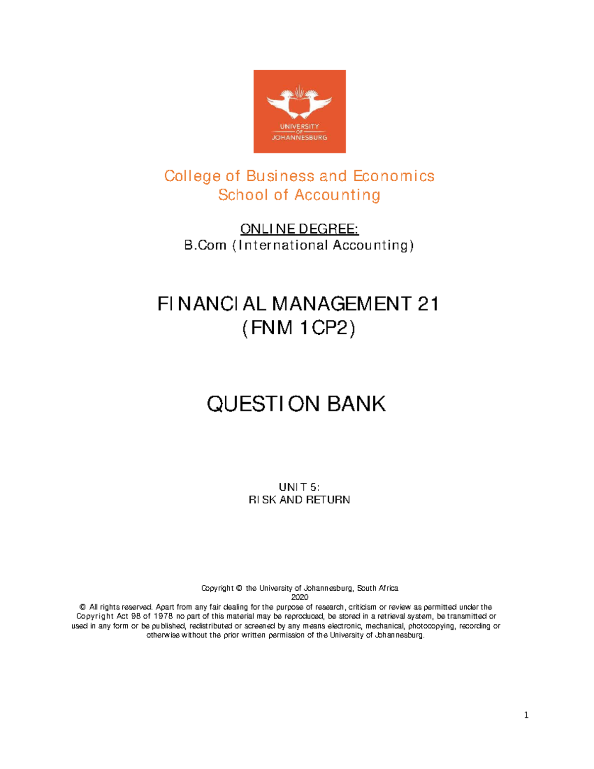 FNM 1CP2 Unit 5: Risk and Return Question Bank for Financial Management ...