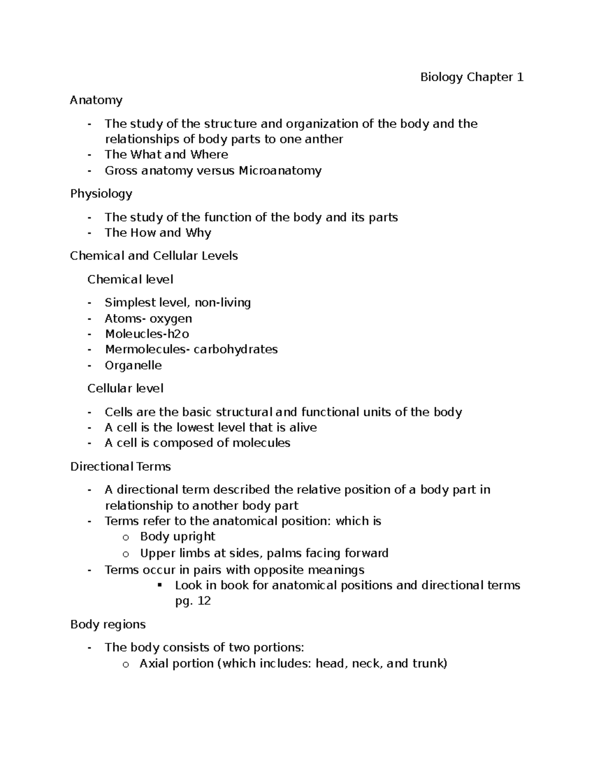Biology 101: Anatomy & Physiology Chapter 1 Study Notes - Studocu