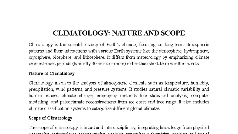 CLIMATOLOGY: NATURE AND SCOPE - BA Hons Geography Notes - Studocu
