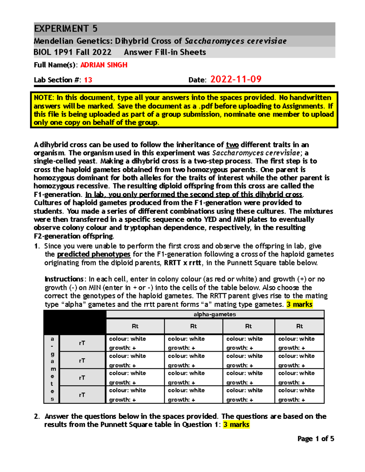 Dihybrid Cross Experiment: Mendelian Genetics Overview - BIOL 1P91 ...