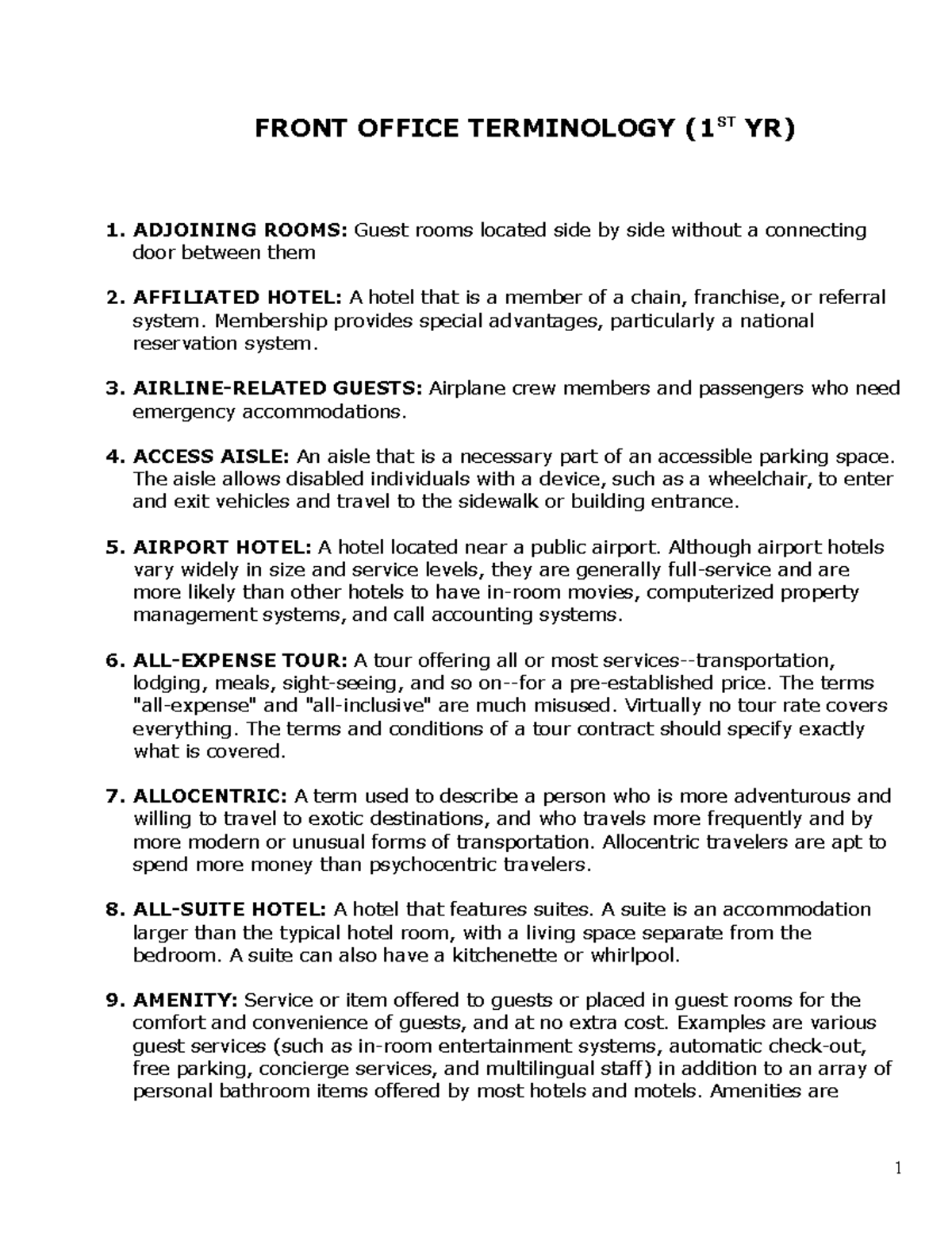 Hotel Front Office Terminology (1ST YR) - Key Terms & Definitions - Studocu