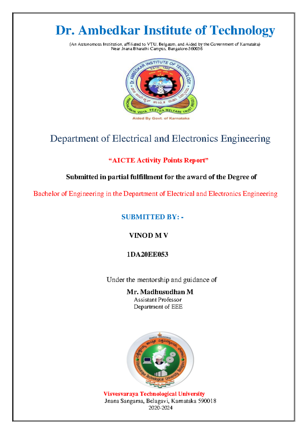 AICTE Activity Report: Vinod M V - Bachelor of Engineering (1DA20EE053 ...
