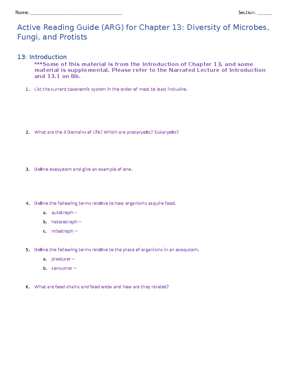 Chapter 13 ARG(1) - n/a - Active Reading Guide (ARG) for Chapter 13: Diversity of Microbes ...