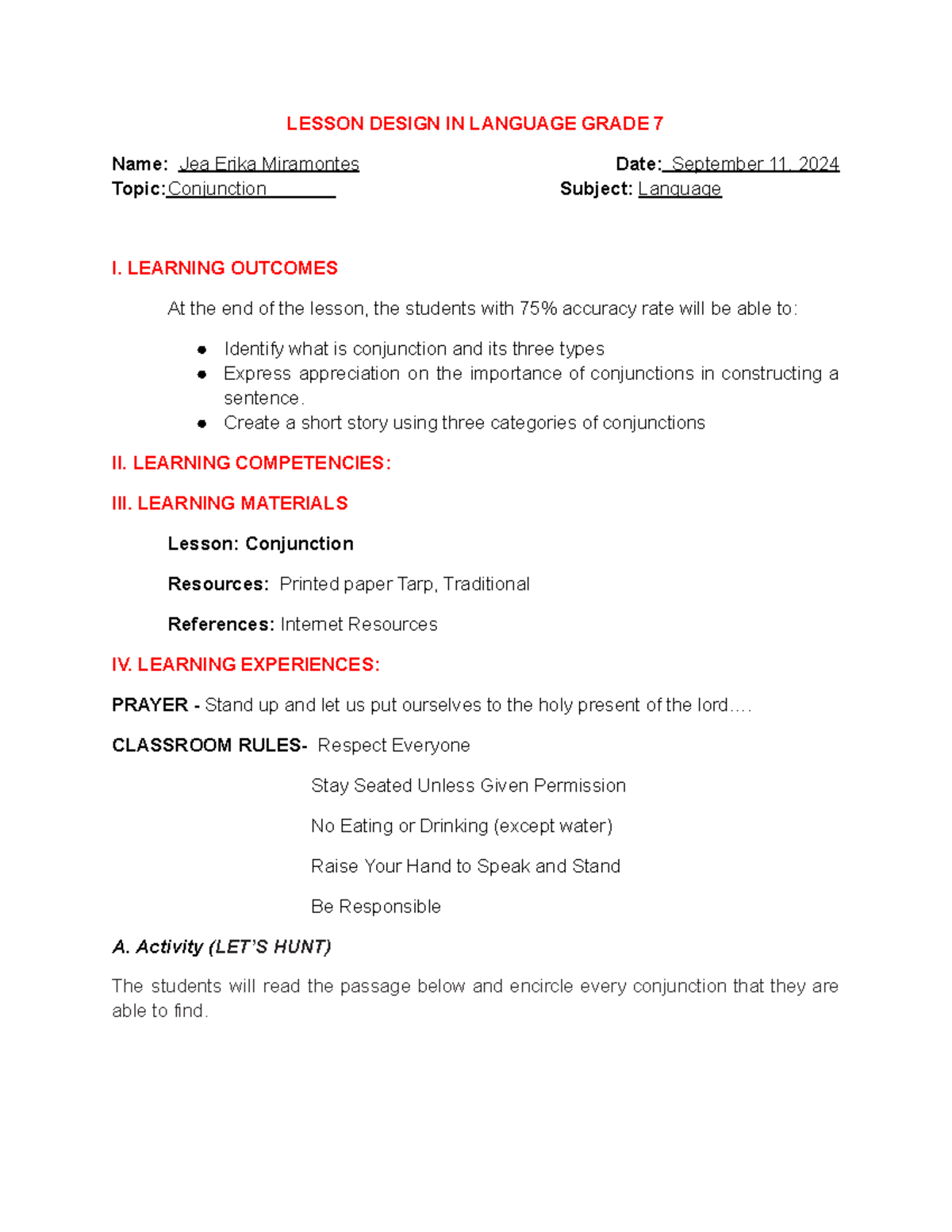 Grade 7 Language Lesson: Understanding and Using Conjunctions - Studocu