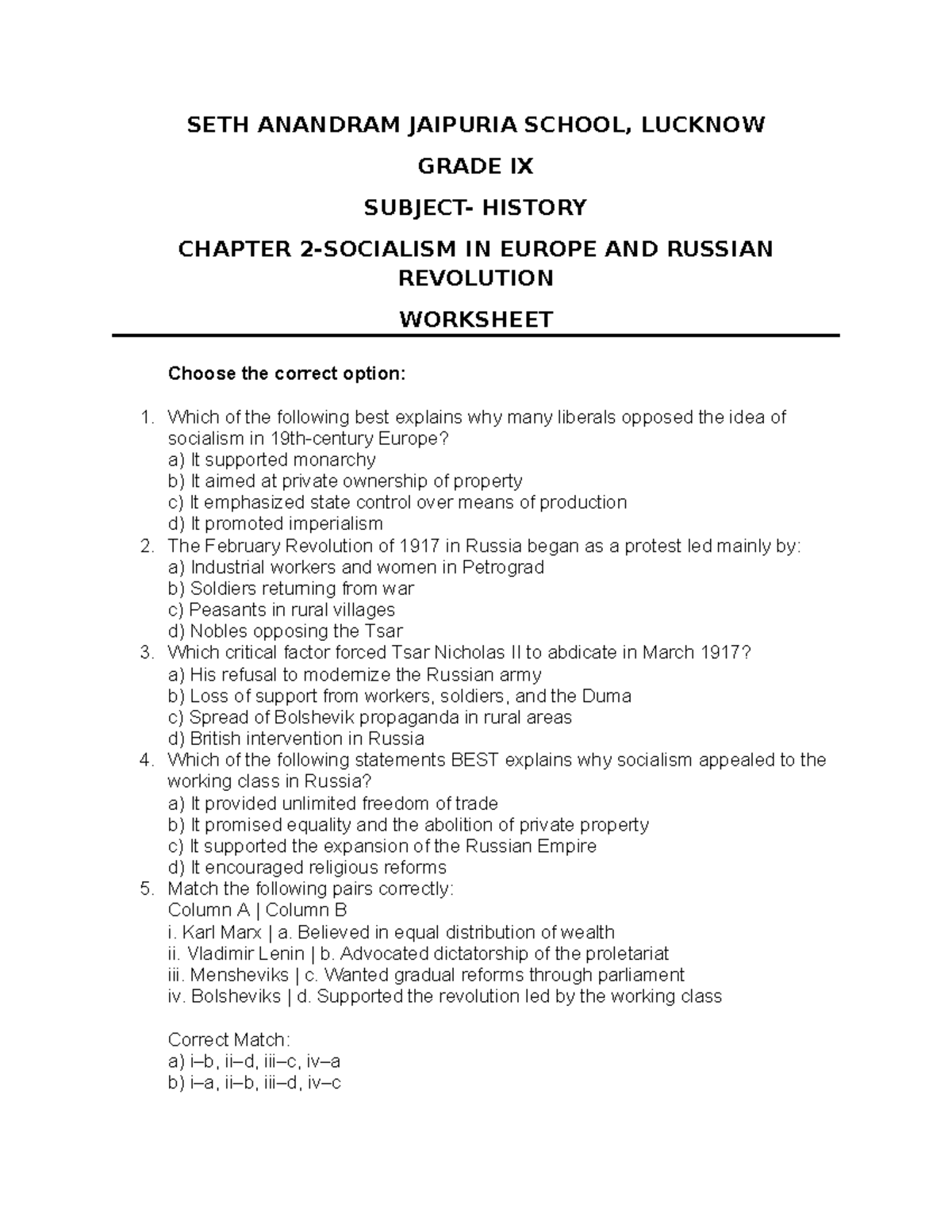 Grade IX History: Socialism in Europe & Russian Revolution Worksheet ...
