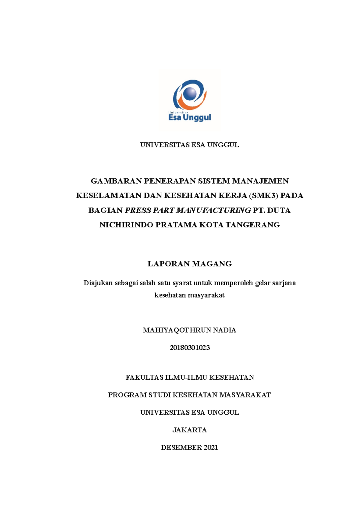 Laporan Magang: Penerapan SMK3 di PT. Duta Nichirindo (Kesehatan ...