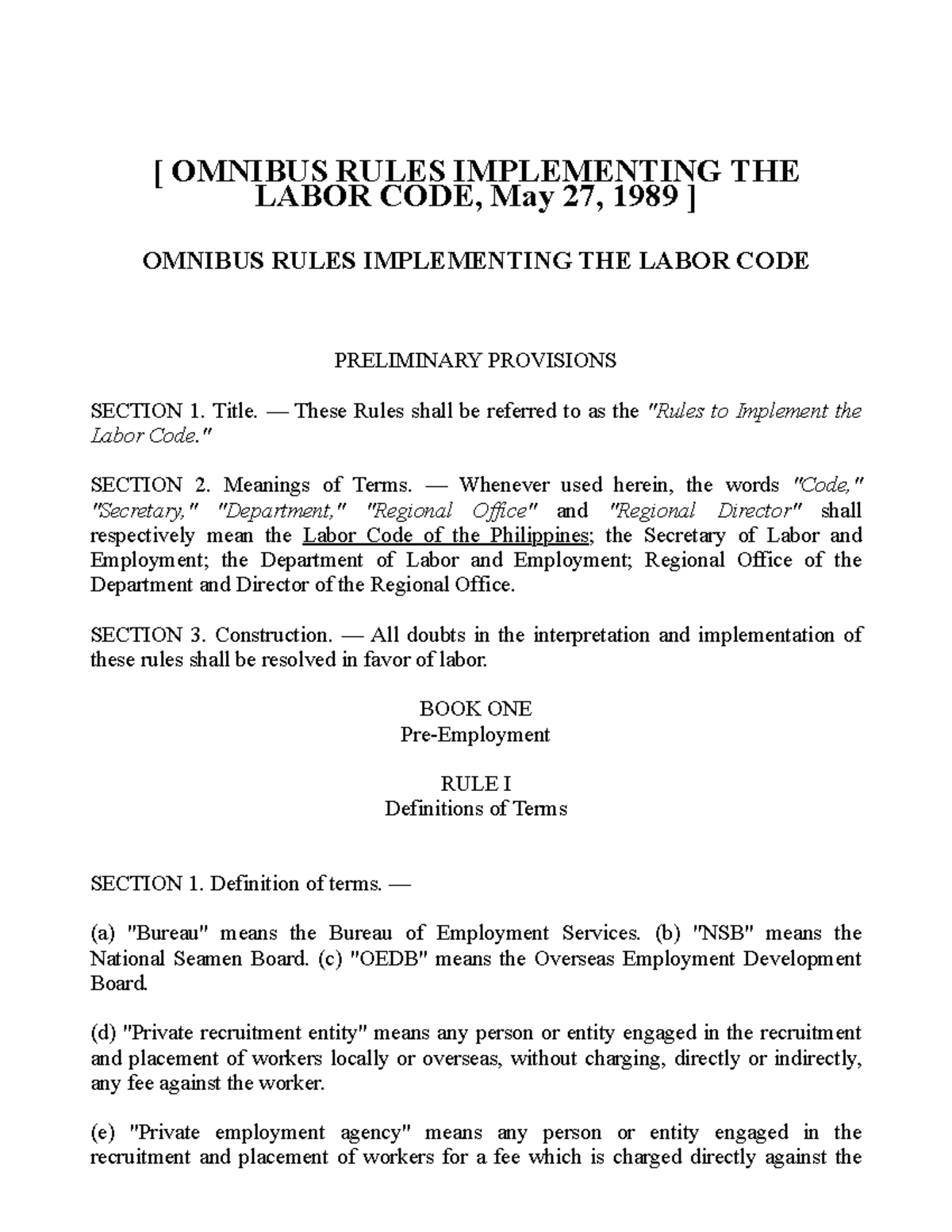 Omnibus Rules Implementing the Labor Code (LC) - May 1989 - Studocu