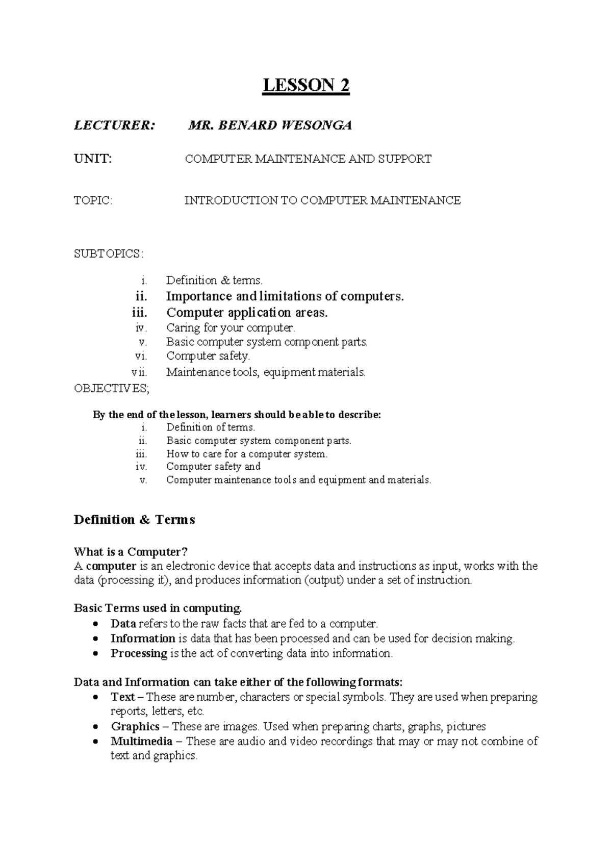 COMP 101: Lesson 2 - Introduction to Computer Maintenance and Support ...