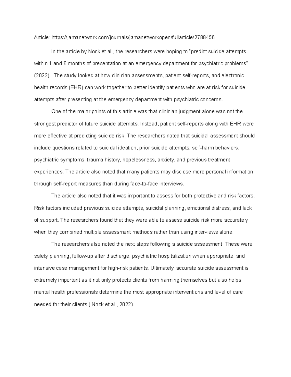Suicide Risk Assessment: Insights from Nock et al. Study - Studocu