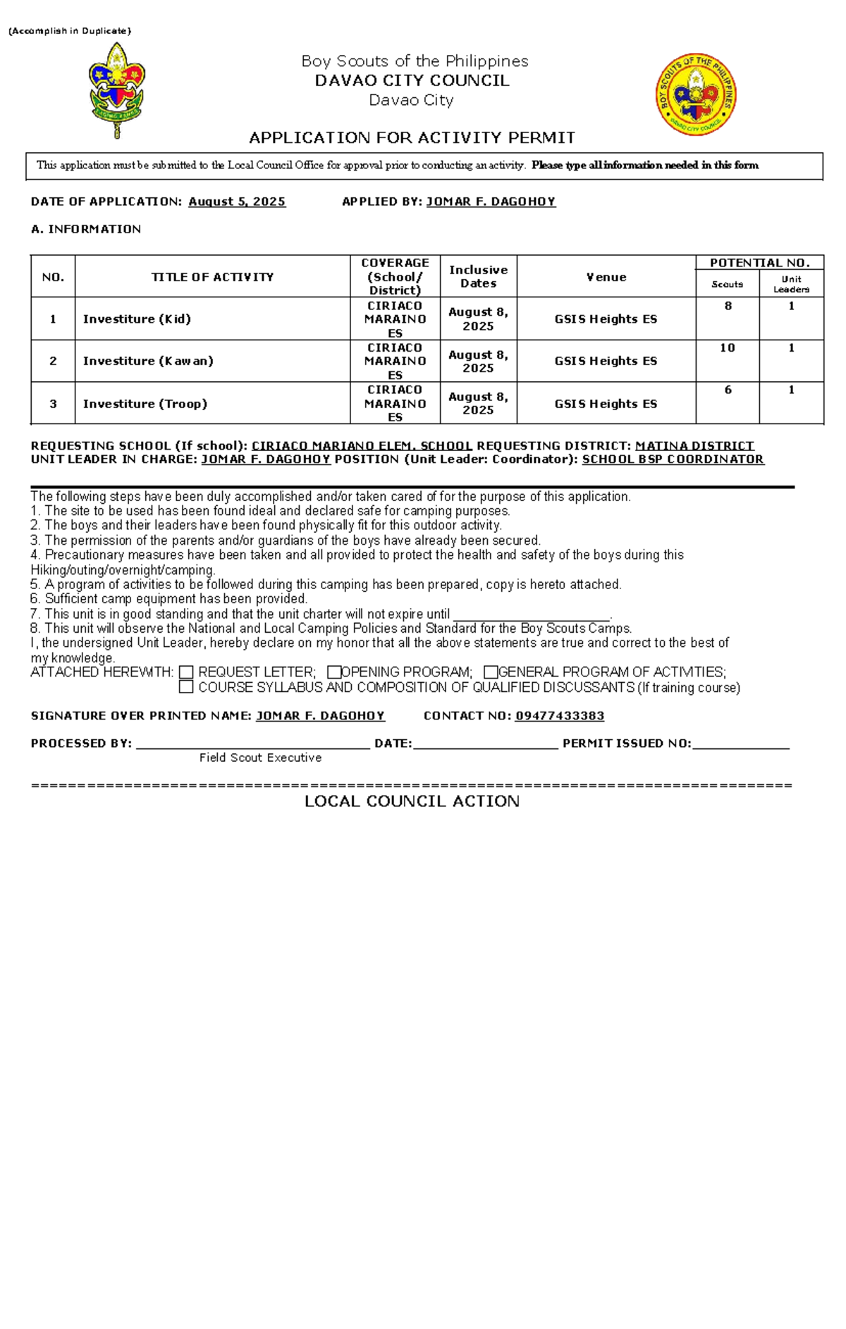 BSP Activity Permit Application - Ciriaco Mariano ES - Studocu