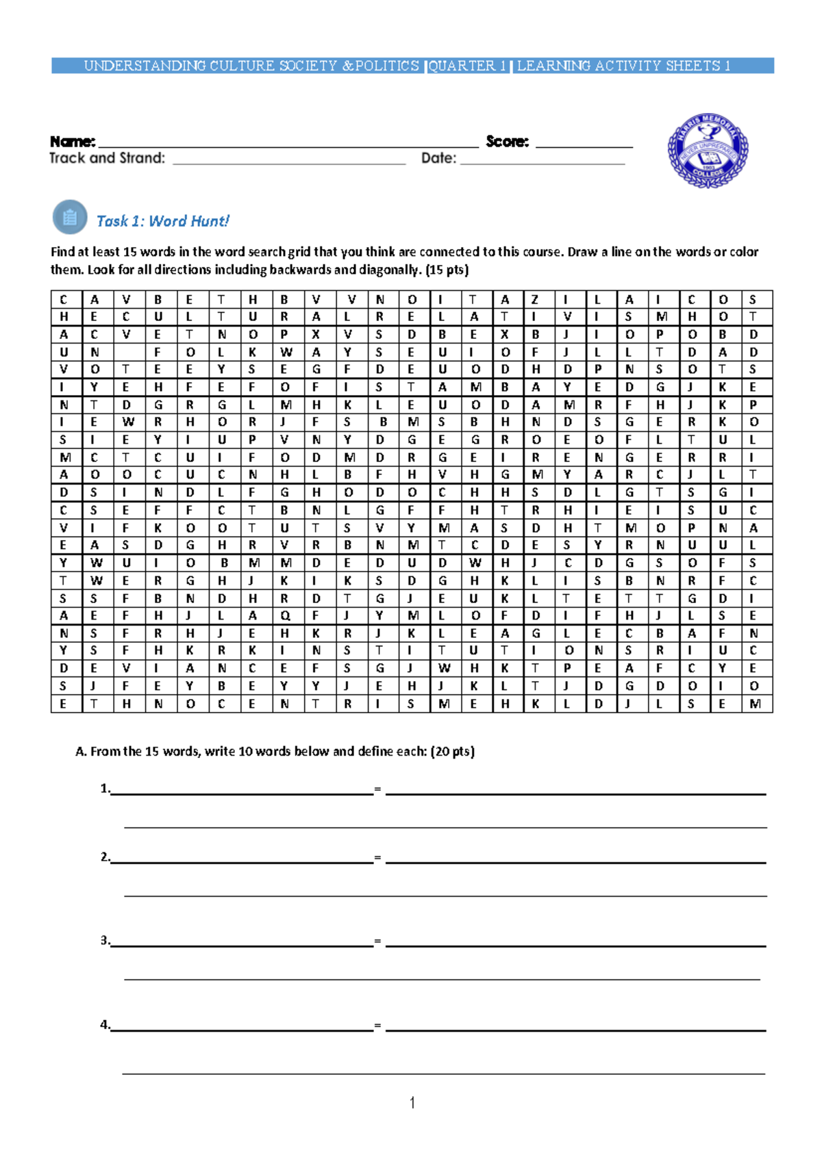 Ok UCSP Learning Activity Sheet 1 Quarter 1 2023 2024 - Task 1: Word ...