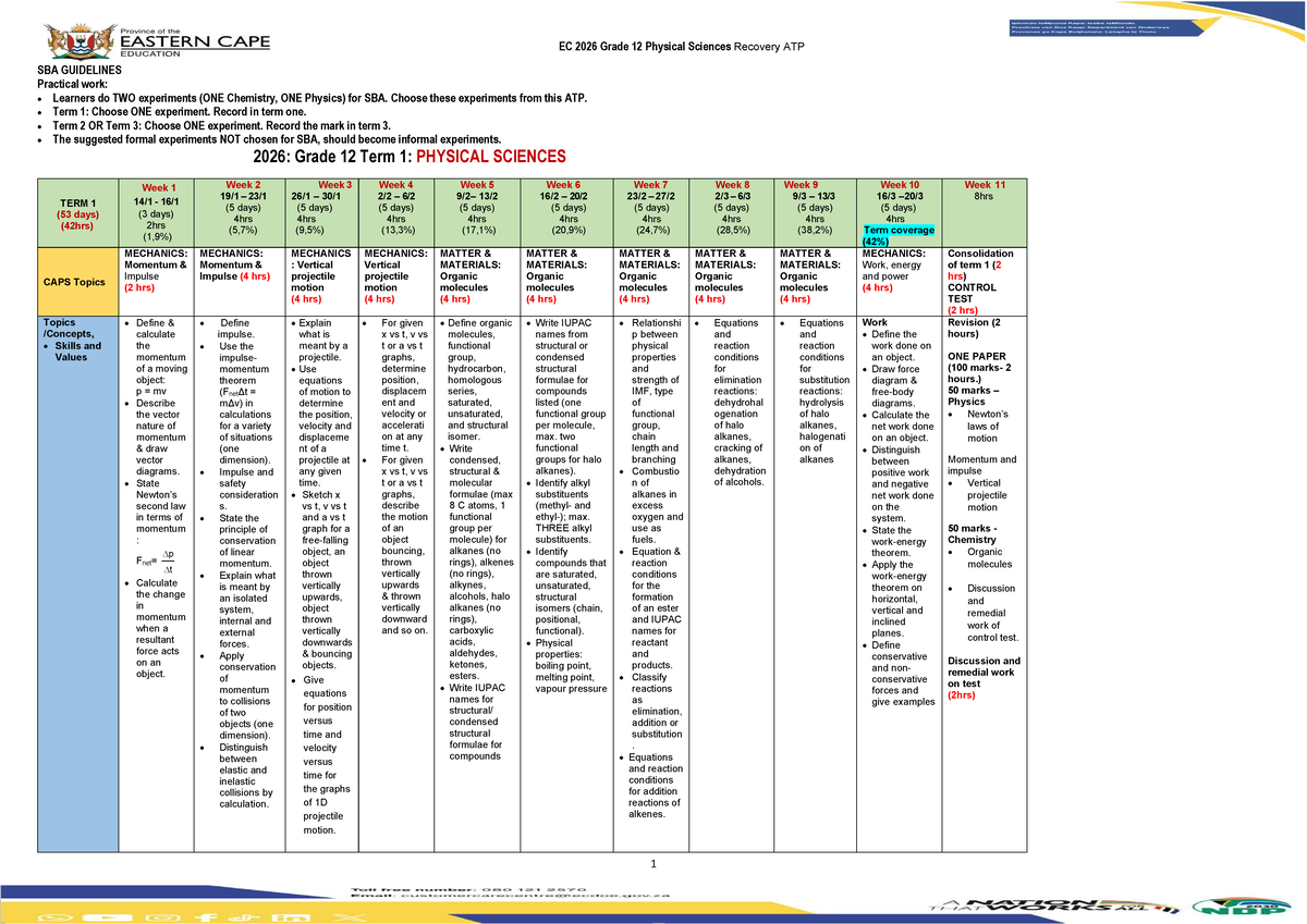 EC 2026 Grade 12 Physical Sciences Recovery ATP Guidelines - Studocu