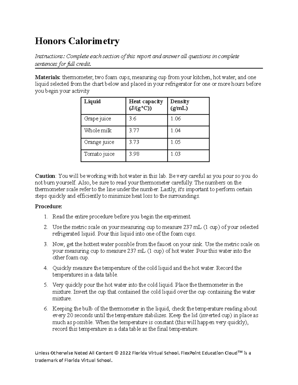 7.03 Honors Calorimetry Worksheet: Lab Procedures and Data Analysis ...