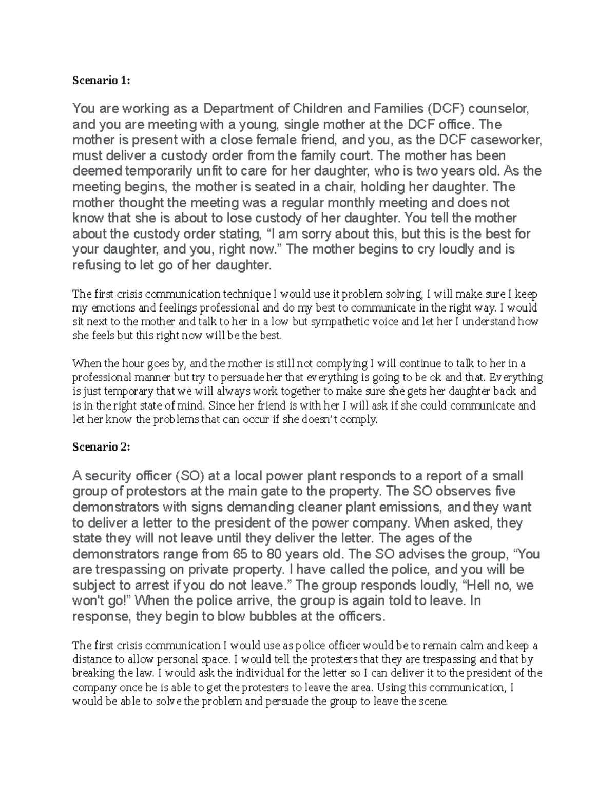 CJ 140 Module 2 Activity: Crisis Communication Techniques in Scenarios ...