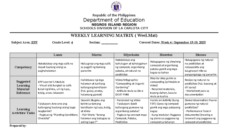 WeeLMat EPP 4 Q2 Week 4: Paghahalaman at Composting Activities - Studocu