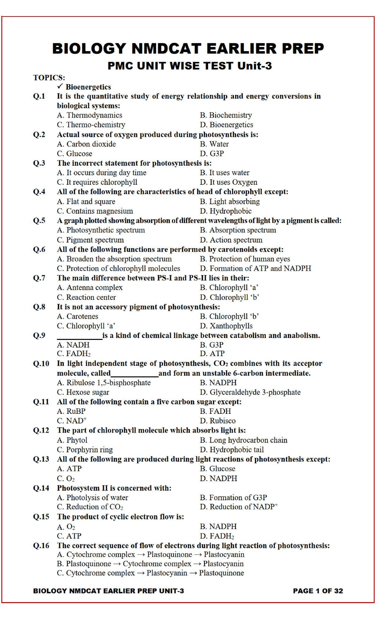Bioenergetics 423 MCQS Worksheet 2021 BY SKN - BIOLOGY NMDCAT EARLIER ...