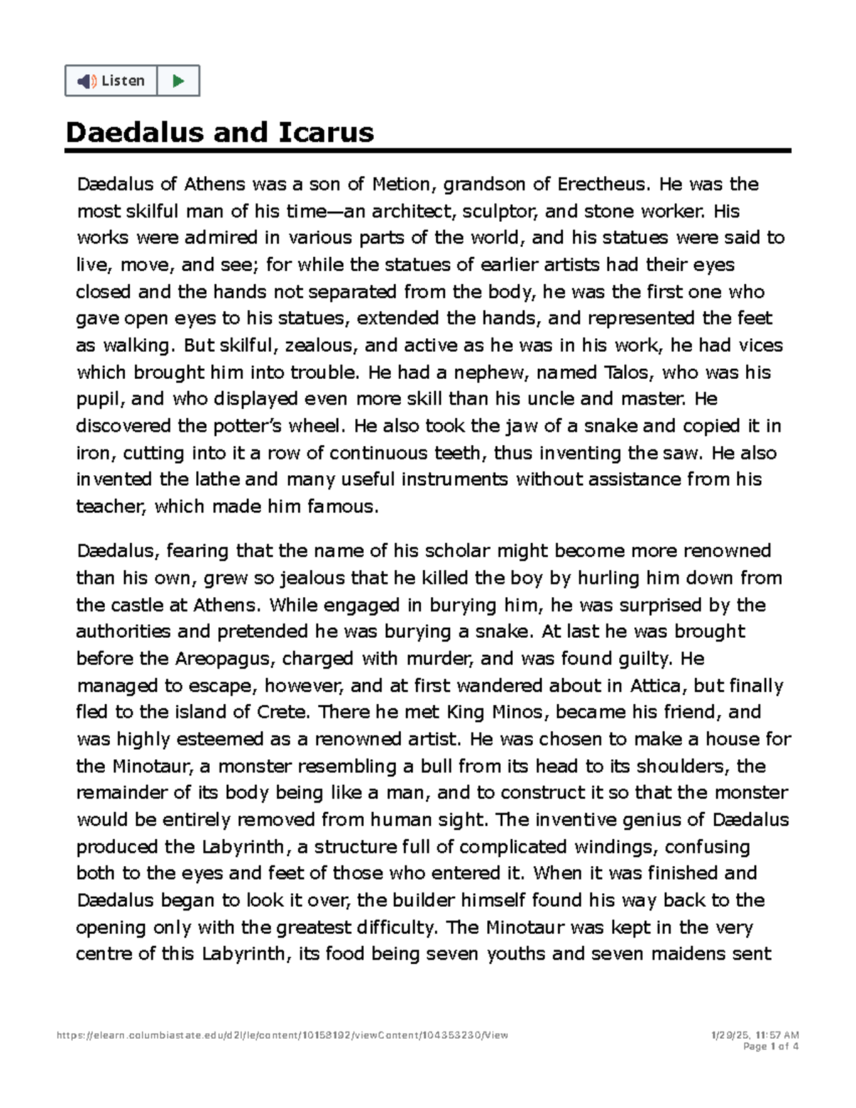Reading - Daedalus and Icarus - English Composition II - ENGL-1020-F95 ...