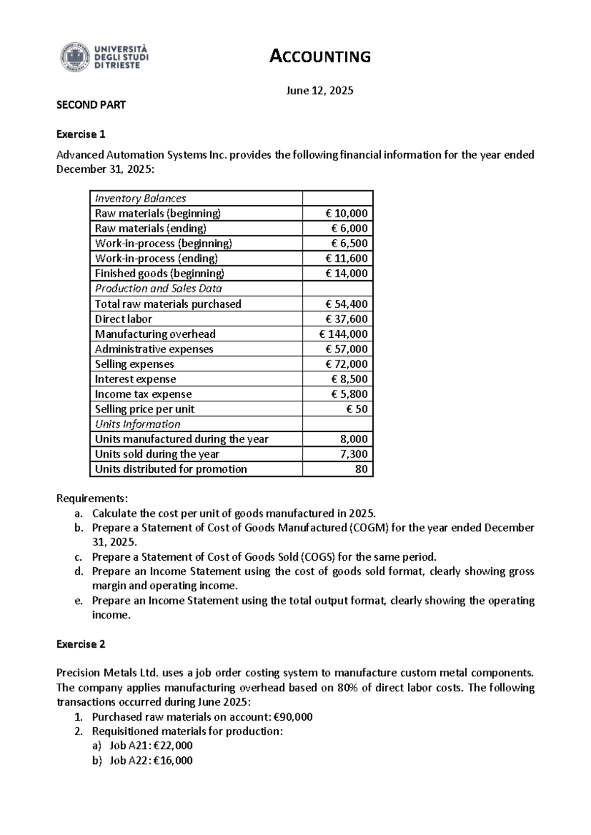 ACCT 2025: COGM & COGS Statements for Advanced Automation Systems - Studocu