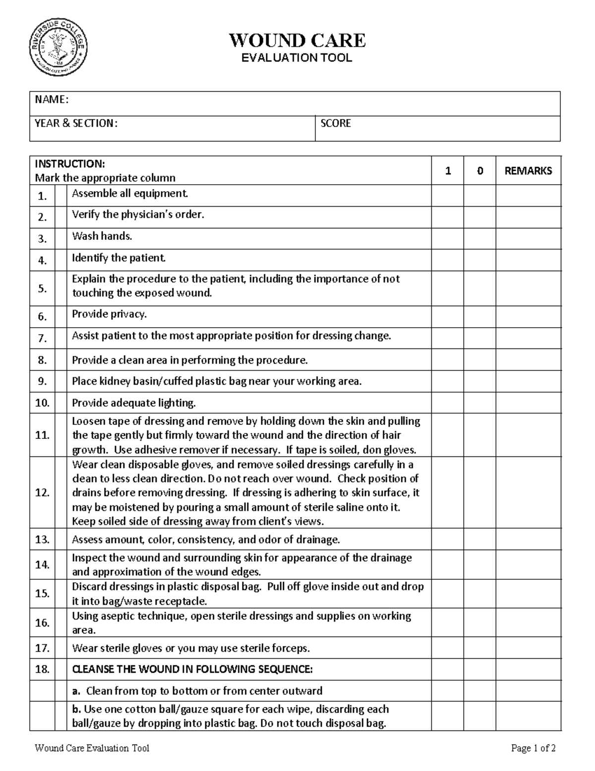 Wound Care Evaluation Tool: Step-by-Step Procedure Guide - Studocu