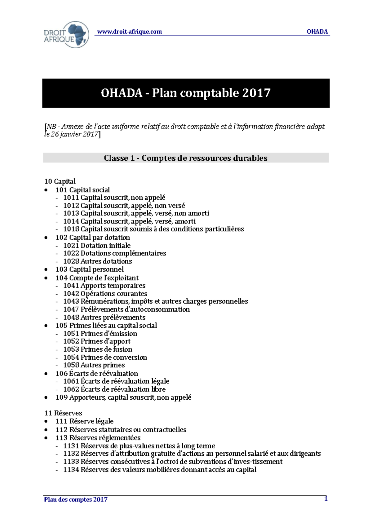OHADA Plan Comptable 2017 : Détails des Comptes et Ressources - Studocu