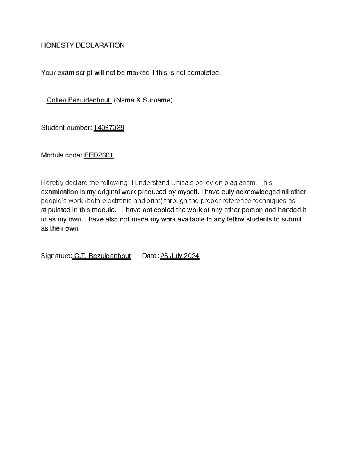 EED2601 Assignment 3 - HONESTY DECLARATION Your exam script will not be marked if this is not ...